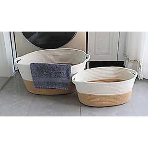 YUKIMOCOO Dog Toy Basket White Brown Cotton Rope Basket Shallow Cute Pet Toy Storage Bin Home Storage Woven Basket for Living Room Clothes Towel Blanket Item Storage Basket