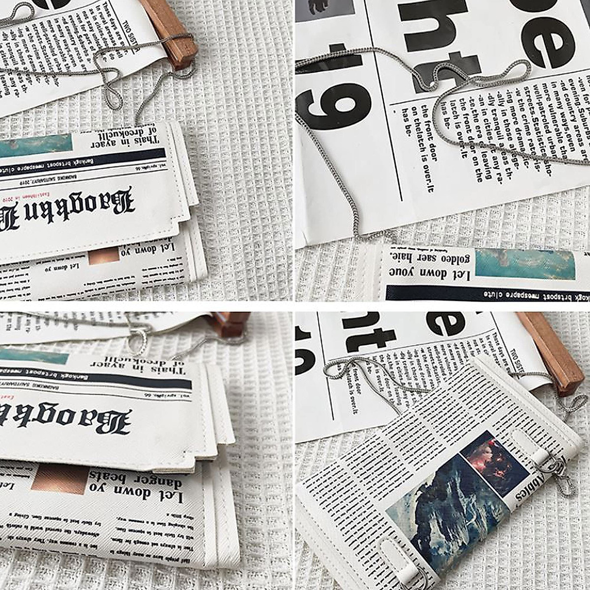 Van Caro Women Novelty Newspaper Evening Handbag,Fashion Envelope Clutch Crossbody Shoulder Purse,PU Leather Letters Chain Purse,White