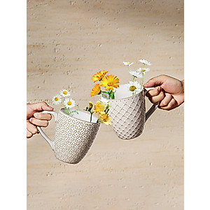 DOWAN Coffee Mugs Set of 6, 19 oz Large Mug, Ceramic Embossment Stoneware Tea Cups with Handle for Men Women, Handcrafted Mug Gift Set, Housewarming Wedding Gift