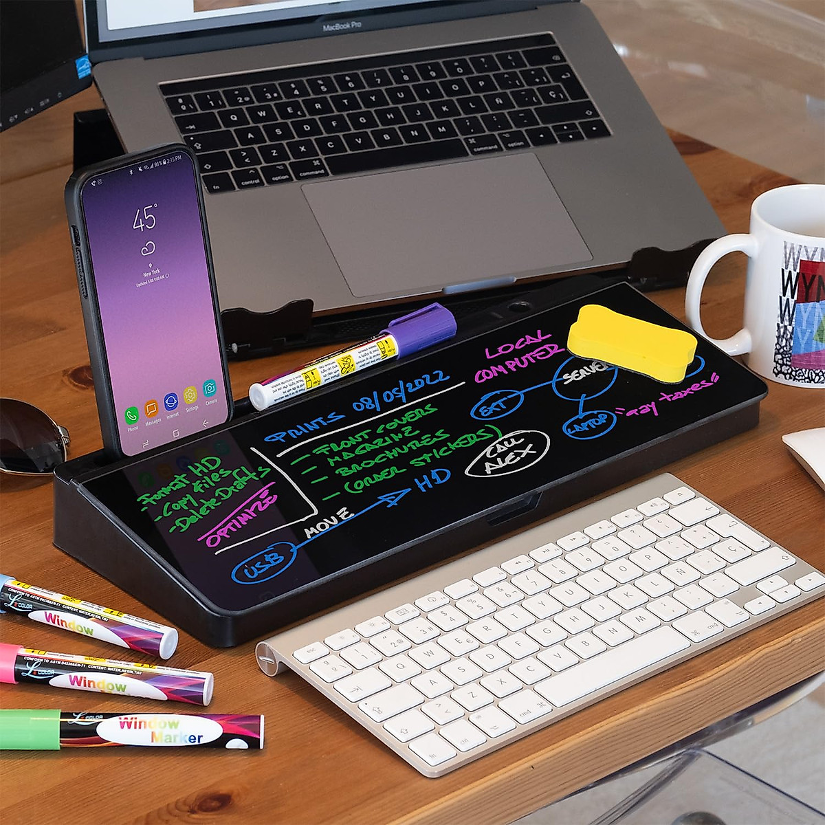 Desktop Whiteboard - Glass Dry Erase White Board- Desk Computer Buddy – Home Office & Studying Essentials - Desktop Pad with Phone & Tablet Slot, Storage Compartment - Includes 4 Markers, 1 Eraser.