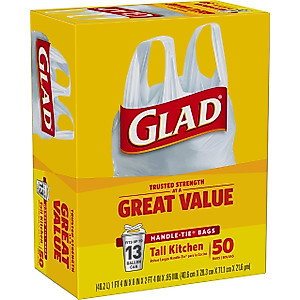 Glad® Tall Kitchen Handle-Tie® Trash Bags - 13 Gallon White Trash Bag - 50 Count (Package May Vary)