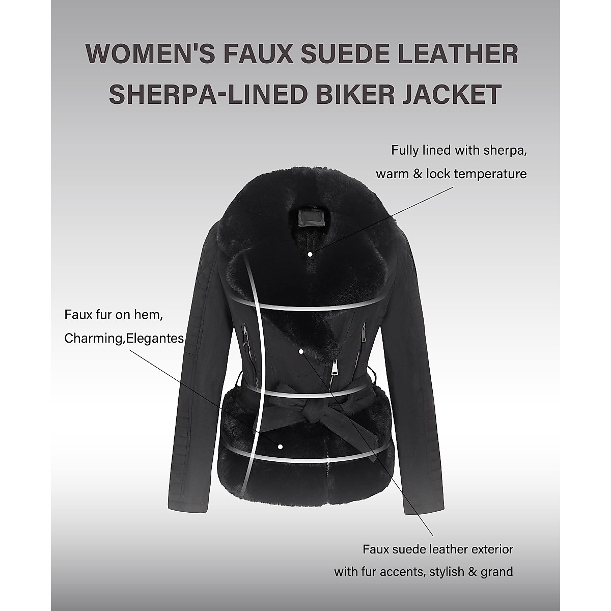 Bellivera Women Faux Suede Leather Jacket Motorcycle Short Coat Biker PU Sherpa-Lined Overcoat 8831A Black L