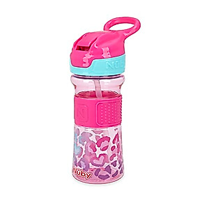 Nuby Thirsty Kids No Spill Flip-It Reflex Travel Cup with Soft Silicone Spout, 12 Oz, Pink Leopard