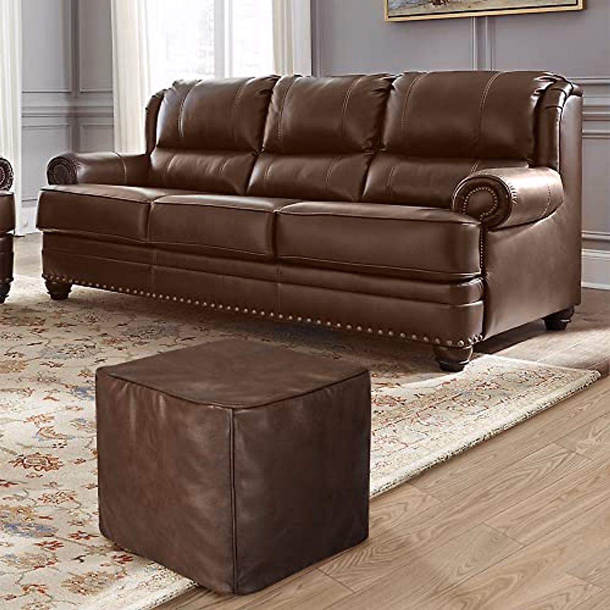 ROTOT Ottoman Pouf Square Shape, Foot Rest Faux PU Leather, Unstuffed Bean Bag Shell for Storage Solution, Hassock Pouffe Decoration for Living Room Balcony Office Outdoor (Chest Nut)