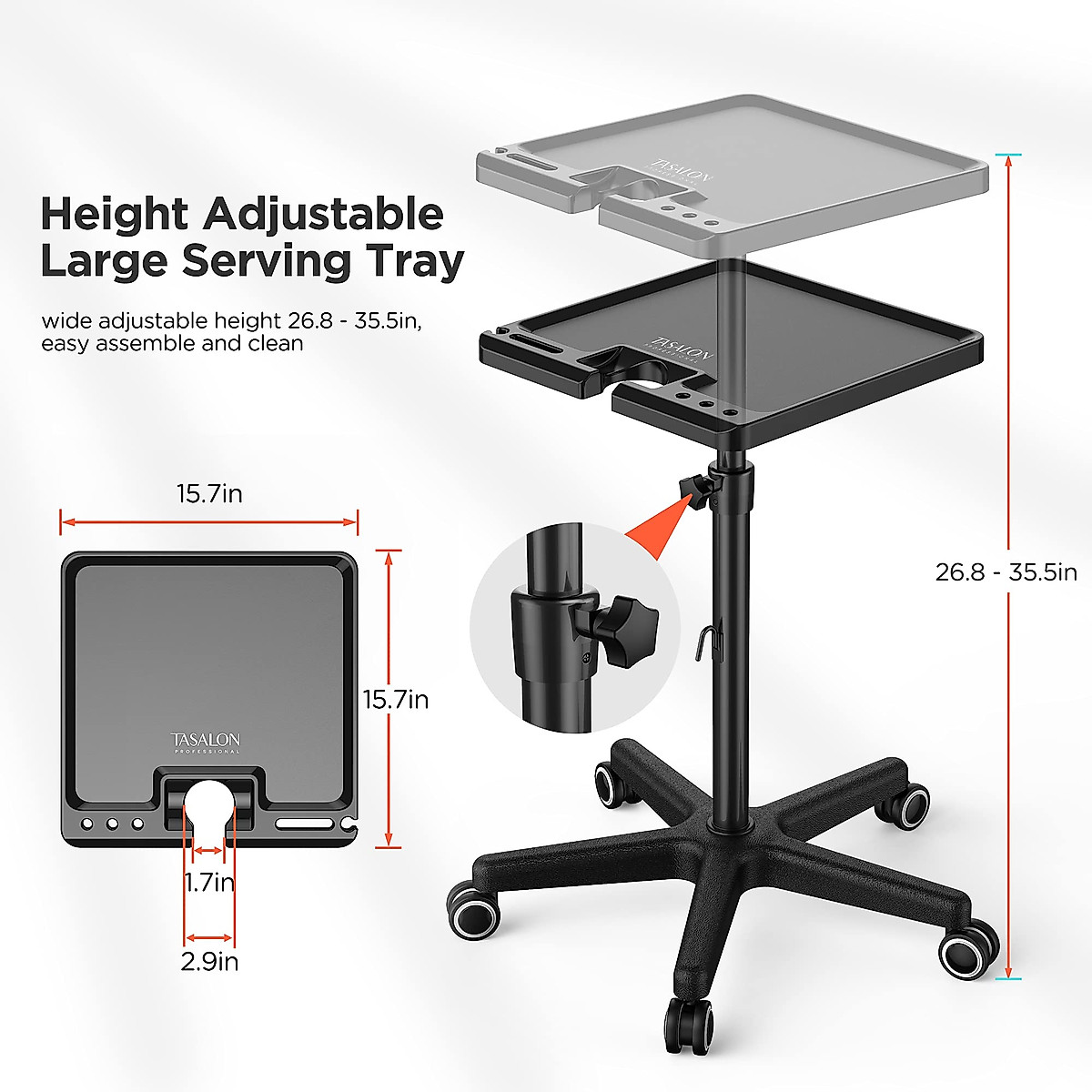 TASALON Ultimate Salon Tray on Wheels,Tray Cart with 2 Magnetic Bowls Irony Tattoo Table Station Rolling Tray with Hair Stickless Wheels,Chemical-Resistant Hair Stylist Instrument Tray,Tray for Dyson