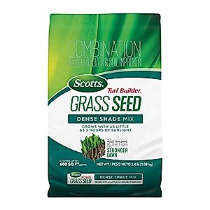 Scotts Turf Builder Grass Seed Dense Shade Mix with Fertilizer and Soil Improver, Grows With Little Sunlight, 2.4 lbs.