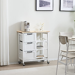 White Mobile Cart on Wheels Coffee Bar w/2 Drawers Kitchen Island Cart with Storage,Rolling Serving Utility Trolley Cart On Wheel with 3 Drawers and 3 Storage Shelves, Kitchen Serving Cart for Bar