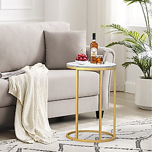 RiteSune Round C Shaped End Snack Side Table Slide Under Couch with Marble Top for Sofa Coffee Laptop Living Room Bedroom Small Space, 16" D x 24" H