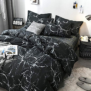 Houseri Black Marble Comforter Set Queen Size, All Season 3 Piece Black and Grey Artistic Bedding Sets Queen Lightweight Breathable Men Women Boys Girls Soft Comfy Bed Quilt Blanket Comforters Queen