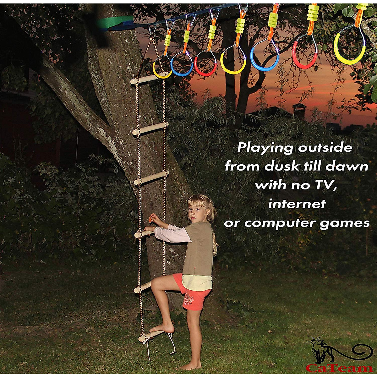 Wooden Rope Ladder for Kids with Ground anchoring - Lenght 6.5'(2m) Width 16"(40cm) - Outdoor or Indoor Climbing Rope Ladder for Ninja Slackline, Backyard, Playground, Home Gym, Park, Treehouse