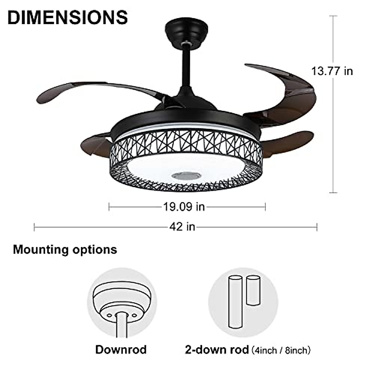 MoreChange 42” Retractable Ceiling Fans with Lights and Remote Control, Invisible Modern Chandelier Fan Lighting with Bluetooth Speaker Play Music 7 Colorful Dimmable Fixture for Bedroom/Living Room