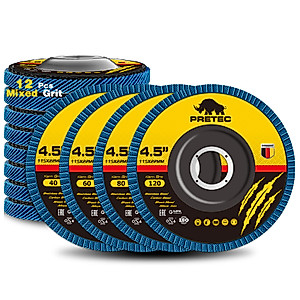 PRETEC Flap Discs 4 1/2 for Angle Grinder, 12 Pcs Flap Discs 40/60/80/120 Grit, 4.5" x 7/8" High Density Zirconia Type 27 Flap Sanding Disc for Grinding, Rust Removal, Sanding and Finishing -12 Packs