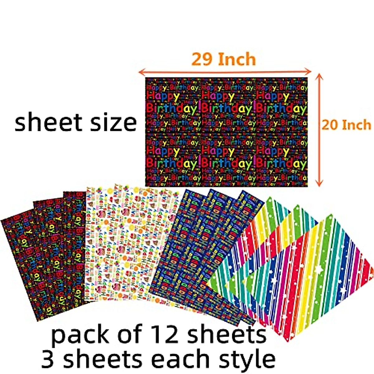 THMORT Birthday Wrapping Paper for Kids, Boys&Girls, Adults.Gift Wrapping Paper sheet With Black Background, Rainbow Star Stripe Happy Birthday for Baby Shower,Pack of 12 Sheets 20 X 29 Inch.