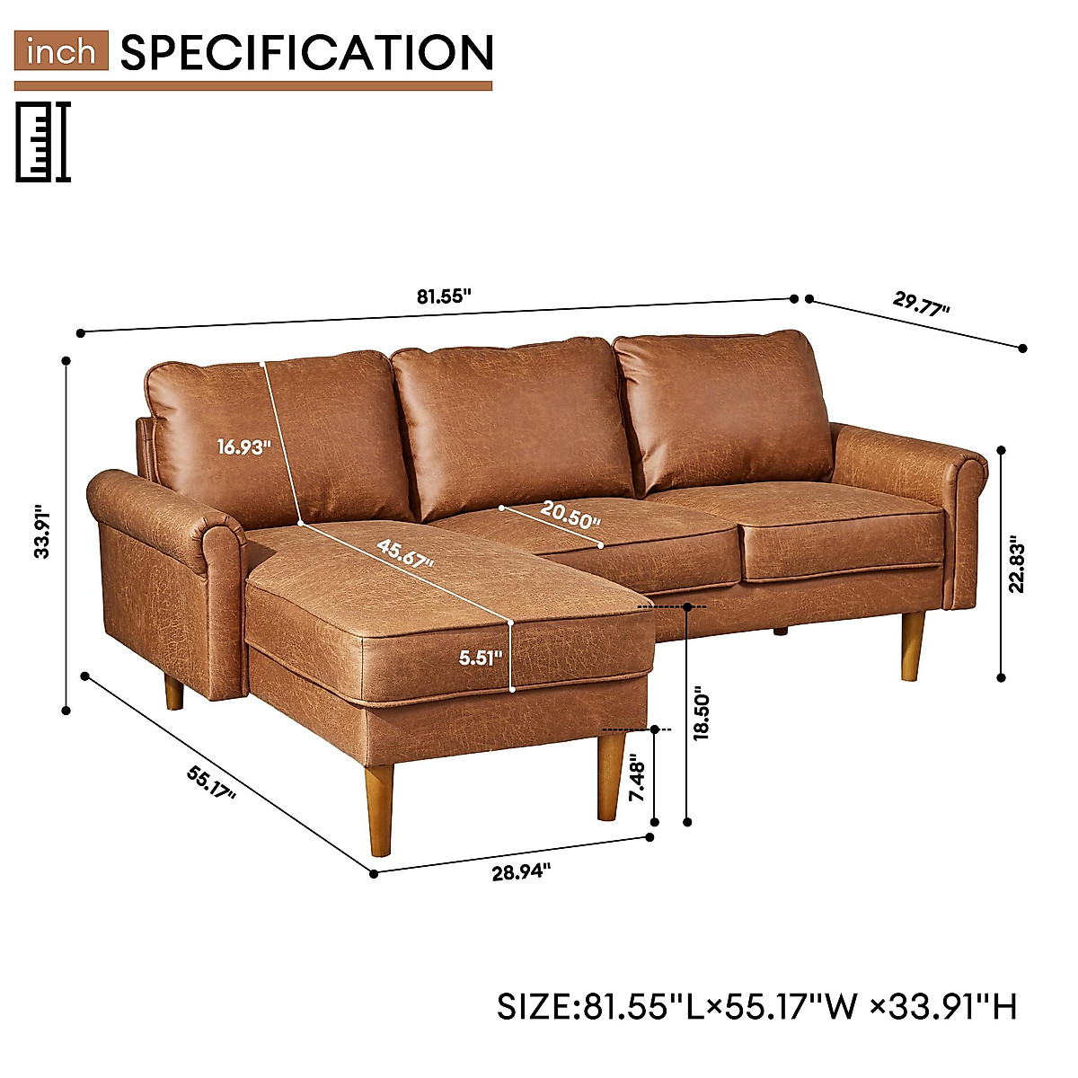 Weaxty 81.55" Sofa Couch, L Shaped Faux Leather Sectional with Chaise Suede Fabric Couch Sofas with Comfortable Cushions for Small Space Living Room Apartment, Left Chaise Brown