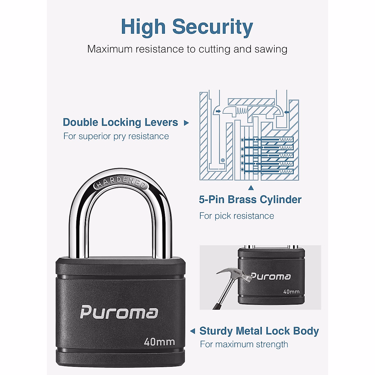 Puroma 2 Pack Keyed Padlock with 3 Keys, 1.1 Inch Locker Lock 40mm Heavy-Duty Locks for Gate Fence Hasp Cabinet Toolbox School Gym Locker (Black)