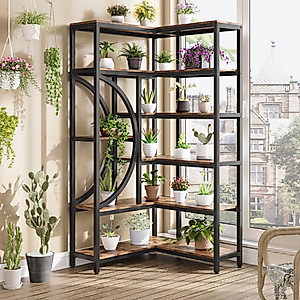 Knowfunn Industrial Corner Bookshelf with 6 Tier, L-Shaped Modern Bookcase, Large Corner Storage Rack, Wooden Corner Display Shelf for Home, Office, Living Room, Bedroom - Rustic Brown