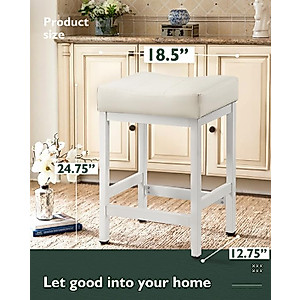 KATDANS Bar Stools Set of 2, 24" Counter Height Saddle Bar Stools, Upholstered PU Leather Bar Stools for Kitchen Island, Mid Century Modern Backless Barstools with Metal Base, KS861P-Cream, 2Pcs