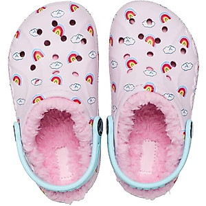 Crocs Baya Lined Clogs, Fuzzy Slippers for Kids and Toddlers, Rainbows and Clouds, 10 US Unisex