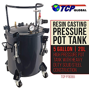 TCP Global 5 Gallon (20 Liters) Pressure Pot Tank for Resin Casting - Heavy Duty Powder Coated Pot with Air Tight Clamp On Lid, Caster Wheels, Regulator, Gauge - Use for Curing Resin in Casting Molds