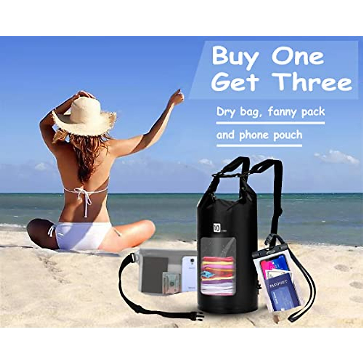 AiRunTech Waterproof Dry Bag, 10L Roll Top Compression Sack with Phone Dry Bag Case and Long Adjustable Shoulder Strap Included for Outdoor Water Sports, Boating, Hiking(Black, 10L with Window)