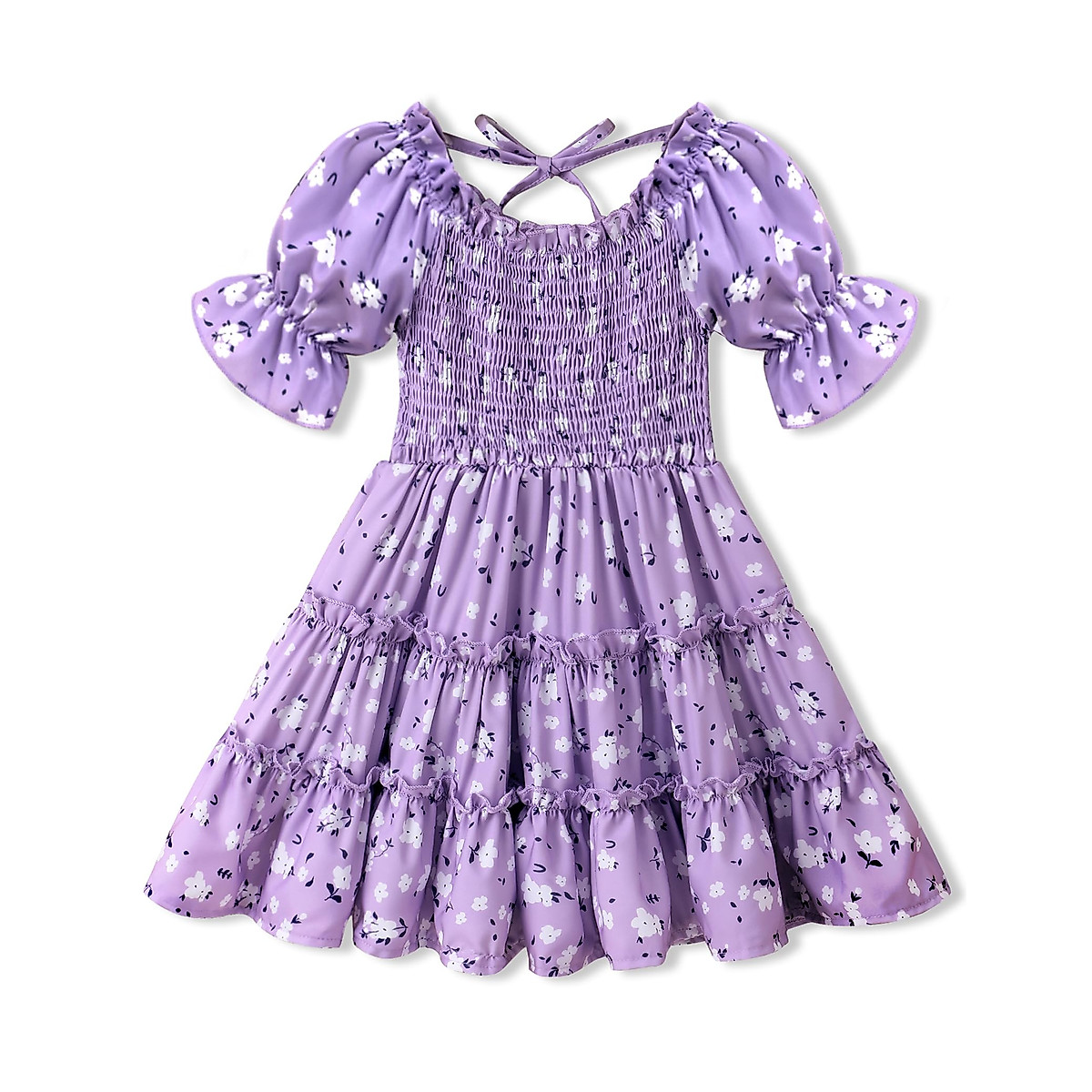 Purple Toddler Girl Dress Square Neck Puff Sleeve A-Line Toddler Floral Dresses Summer Dresses for Toddler Girls 5T 6T Dress