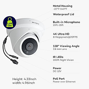 ONWOTE Wired 4K Security Camera System PoE 16 Channel 4TB, AI-Human-Vehicle-Detection, 128° Wide Angle, 8 * 8MP Outdoor Commercial IP Cameras with Audio, 16CH 4K NVR CCTV Surveillance for Businesses