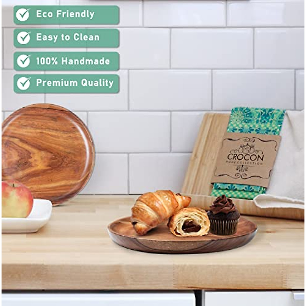 Wooden Plates, Teak Wood Dinner Plates, Round Serving Plate Set of 2, Cheese Plates Coffee Tea Serving Tray Fruit Platters Party Dinner Plates, Wood Plates for Snacks, 10 Inch