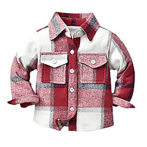 Little Kids Boys Girls Flannel Plaid Shirt Jacket Long Sleeve Lapel Button Down Pocketed Shirts Regular Fit Casual Fall Coat, White Red, 12-18 Months