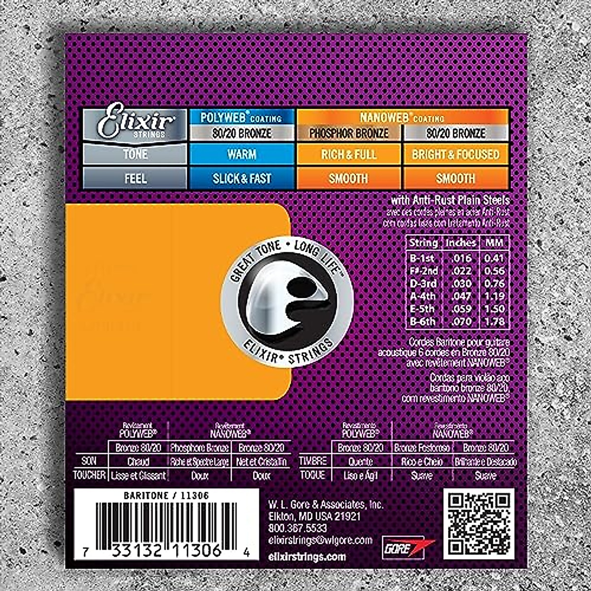 Elixir Strings, Acoustic Guitar Strings, 80/20 Bronze with NANOWEB Coating, Longest-Lasting Bright and Focused Tone with Comfortable Feel, 6 String Set, Baritone 16 - 70