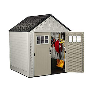 Rubbermaid 7 x 7 Feet Weather Resistant Resin Outdoor Storage Shed + 34 Inch Garden Tool & Sports Storage Rack for Sheds