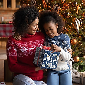 RiukRaiu Blue Christmas Wrapping Paper for Kids Adults - Winter Forest & Reindeer, Polar Bears, Country Houses, Holiday Cookies Designs - Xmas Gift Wrap with 6 Jumbo Sheets, 40 x 28 Inches Each