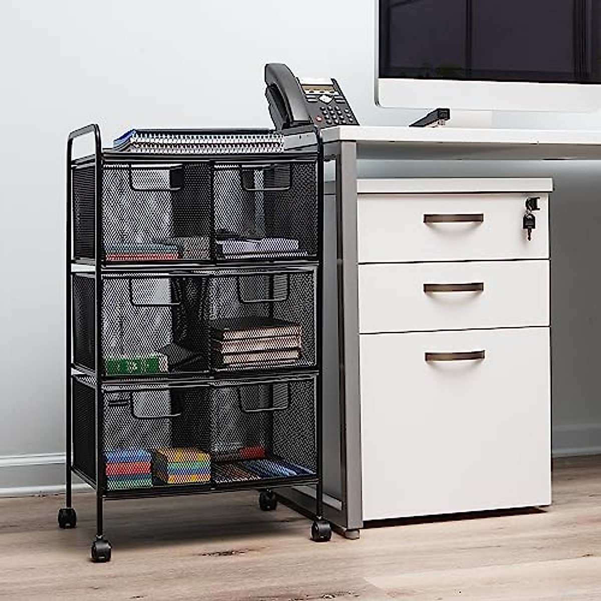 Mind Reader Cart with Drawers, Laundry Organizer, Utility Cart, Bathroom, Kitchen, Metal Mesh, 16"L x 11"W x 29"H, Black