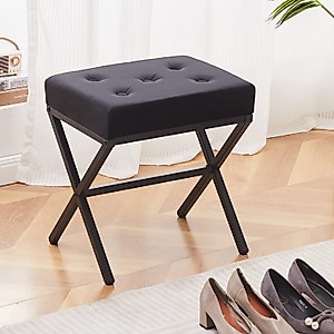Cpintltr Velvet Ottoman Footrest Stool Tufted Vanity Stool Ottomans Thickened Cushion Footstool Mulifunctional Shoe Changing Seat Step Stools with Metal X Leg for Living Room Bedroom Black