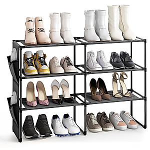 Amazer 4 Tiers Shoe Rack for Closet, Shoe Storage Organizer for 16-20 Pairs of Shoes, Shoe Shelf with Removable Pocket for Entryway Bedroom Hallway, 34.6x11x21.4 Inches (Black)