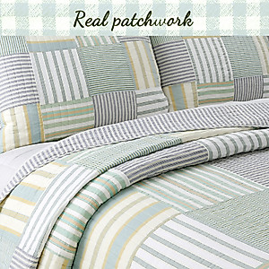 Cozy Line Home Fashions Green Yellow Blue Plaid Striped Real Patchwork 100% Cotton, Reversible Coverlet, Bedspread, Quilt Bedding Set (Green Patchwork, Twin - 2 Piece)
