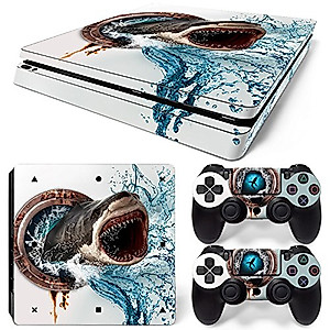 ZOOMHITSKINS Compatible with PS4 Slim Skin, White Shark Attack Ocean Jaws Megalodon, Durable & Fit, 3M Vinyl, Made in The USA
