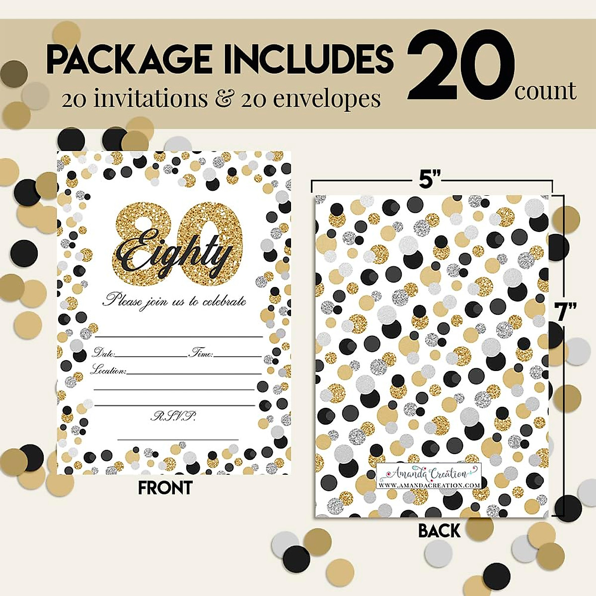 Confetti Polka Dot 80th Birthday Party Invitations, 20 5x7 Fill In Cards with Twenty White Envelopes by AmandaCreation