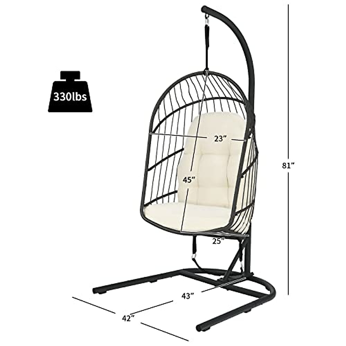 WYKDD Hanging Wicker Egg Chair w/Stand Cushion Foldable Outdoor Indoor Beige