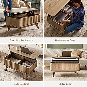 mopio Brooklyn Mid-Century Modern Lift Top Coffee Table, Waveform Panel with Hidden Storage, Sleek Curved Profile Lift Tabletop Dining Table (Golden Oak, Coffee Table)