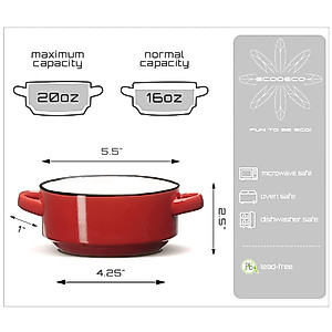 ECODECO Baking Serving Ceramic Red Soup Bowls with Handles - 16 Ounce - Set of 2 - Chowder Bisque Pot Pie Crocks