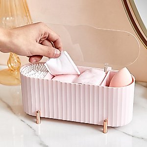 ZHSteveG Qtip Cotton Pad Holder Dispenser Clear Lid Qtip Dispenser Cotton Rounds for Bathroom Countertop Apothecary Box Clear Acrylic Organizer for Cotton Ball Cotton Swab Q-tips (Pink)