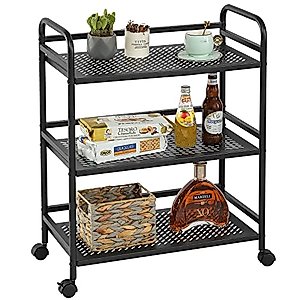 DCLRN 3 Tier Metal Mesh Utility Cart,Rolling Cart,Dining Cart,Multipurpose Storage Rack,Heavy Duty Cart with Locking Wheels(Black)