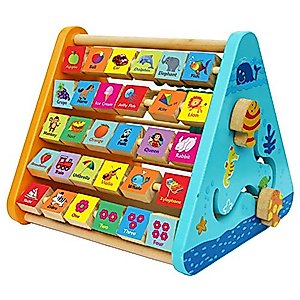 TOWO Activity Centre Triangle Toys - flip Flop Alphabet Blocks Abacus Clock - Activity Cube for Toddlers 5 in 1- Toys for Babies Montessori Learning-Wooden Toys for 1 Year Old