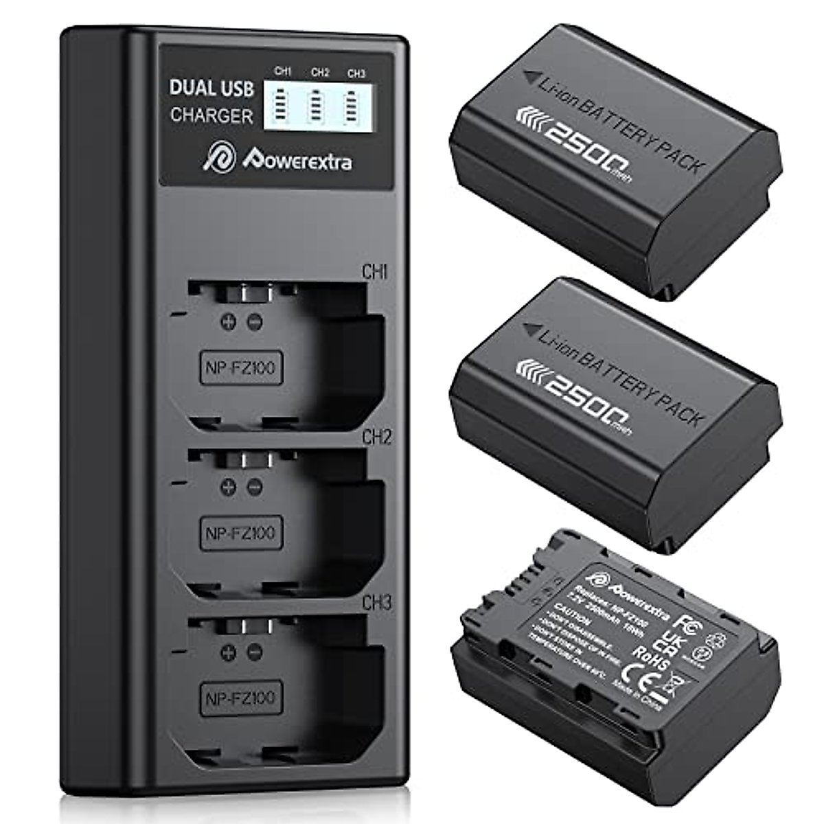 Powerextra Replace for Sony NP-FZ100 Battery and LCD Triple Charger for Firmware 2.0 Sony Alpha A7 III, A7R III, A9, Sony Alpha 9, A7R3, a6600, a7R IV, Alpha a9 II, Alpha 9R, A9R, Alpha 9S Camera