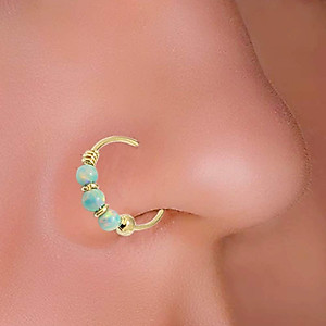 PiercingPoint Triple Blue Opal Stone 9K Solid Yellow Gold 22 Gauge Hoop Nose Ring - Cartilage Hoop - Tiny Nose Hoop - Tragus Ring