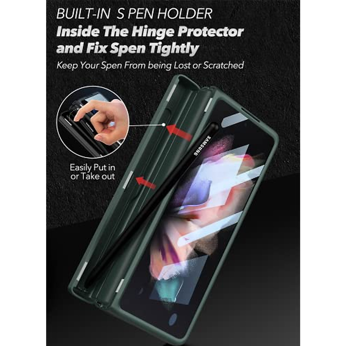 ELEPIK Armor PRO Series Case for Galaxy Z Fold 4 with Built-in Tempered Glass Screen Protector, Closed S Pen Holder [Avoid S Pen Lost], Hinge Protector, Kickstand, Wireless Charging (Black)