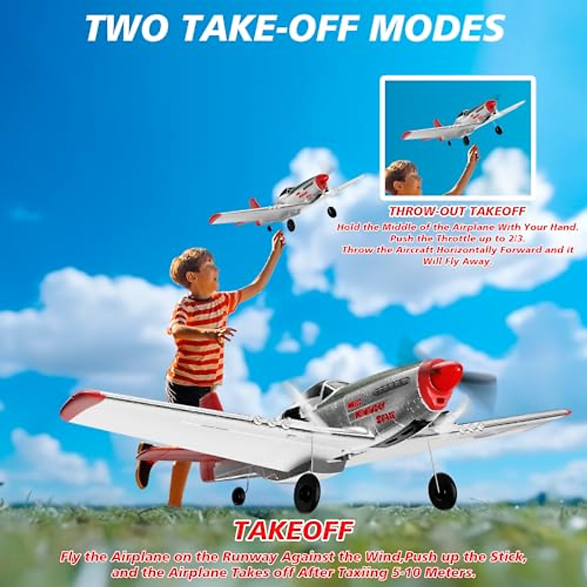28℃ Remote Control Airplanes, 2.4Ghz 2CH RC Plane Toy Gift for Kids & Adults, P51 Mustang Remote Control Plane for Beginners with Gyro Stabilization System (RED)
