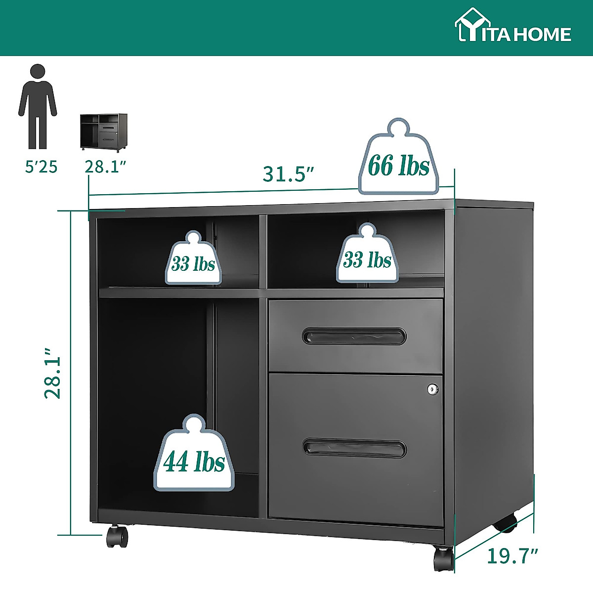 YITAHOME 2-Drawer Filing Cabinet, Office Metal Stainless Steel Mobile Lateral Filing Cabinet On Wheels, Printer Stand with Open Storage Shelves for Home Office
