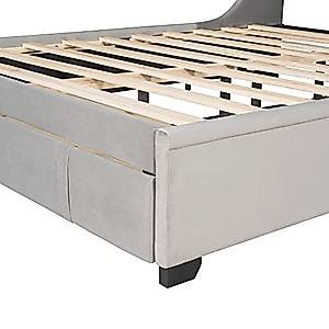 HBRR Queen Size Platform Bed Frame with Wingback Headboard and a Big Drawer, Velvet Upholstered Storage Bed, Wooden Slats Support, No Box Spring Needed, Easy to Assemble, Gray
