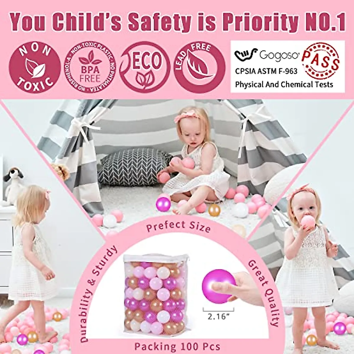 GOGOSO Ball Pit Balls for Toddles Kids Plastic Ballpits Accessories Crush Proof Durable Fun Shape Play Baby Bath Toys,2.15inch 100count Pink Dark Pink Brown